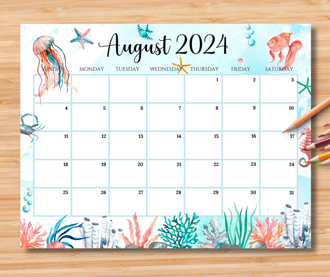 EDITABLE August 2024 Calendar, Beautiful Colorful Undersea With Sea ...
