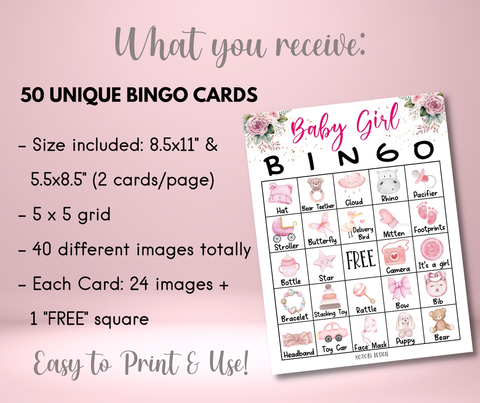 50 Baby Girl Bingo Game Cards Watercolor Pink Aesthetic Baby - Etsy