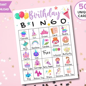 Printable Birthday Bingo Game (girl), 50 Unique Bingo Cards W/labels ...