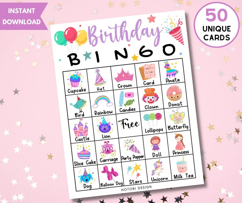Printable Birthday Bingo Game girl 50 Unique Bingo Cards - Etsy