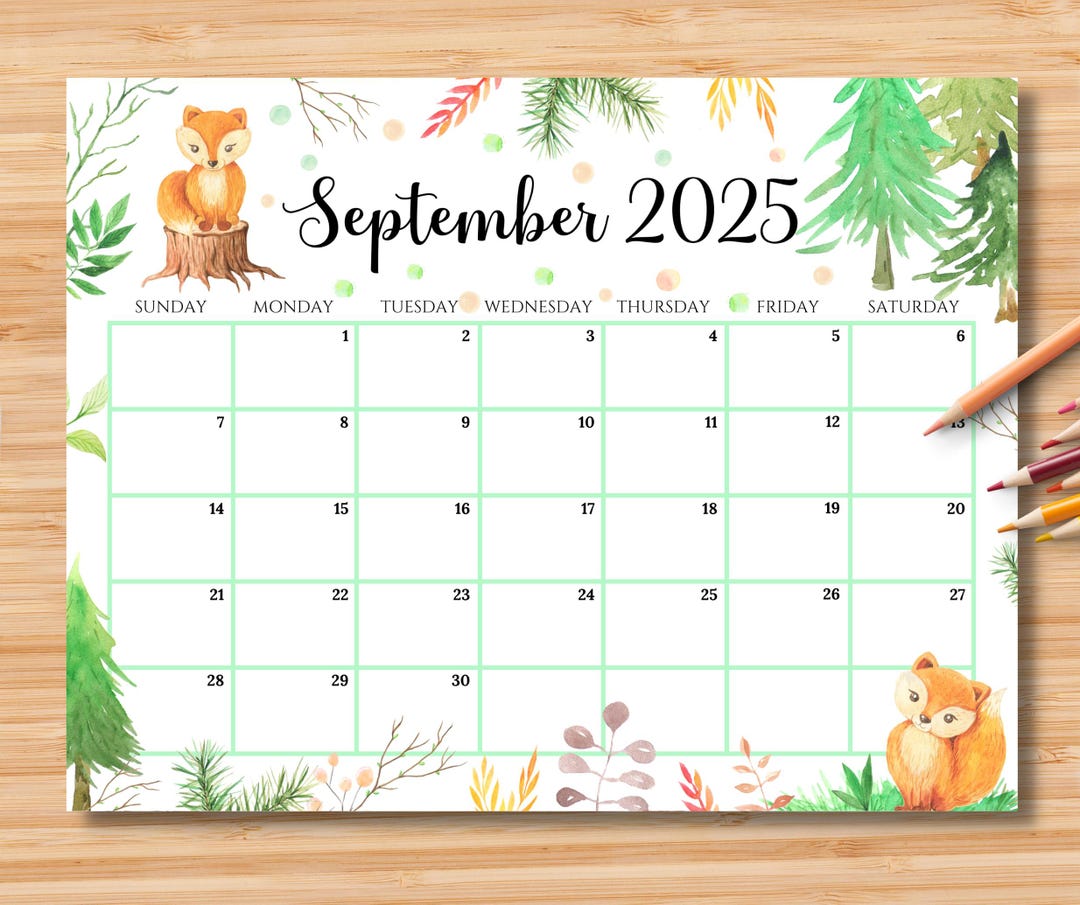 Calendrier de septembre 2025 MODIFIABLE, bel automne avec de mignons ...