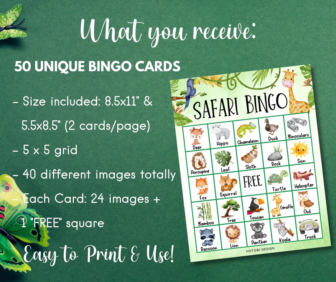 50 Safari Bingo Game Cards, Jungle Baby Shower, Safari Wild Birthday ...