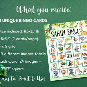 50 Safari Bingo Game Cards, Jungle Baby Shower, Safari Wild Birthday ...