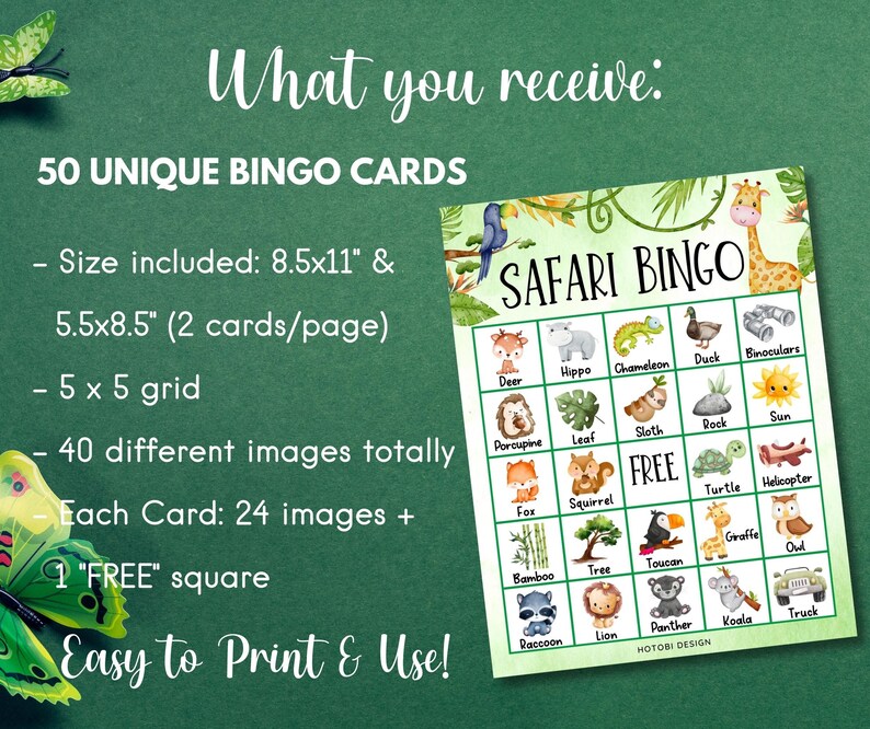 50 Safari Bingo Game Cards, Jungle Baby Shower, Safari Wild Birthday ...