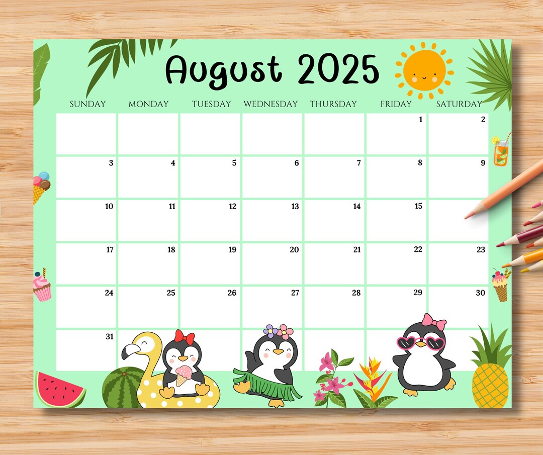 EDITABLE August 2025 Calendar, Cheerful Summer W/ Cute Penguin Planner ...
