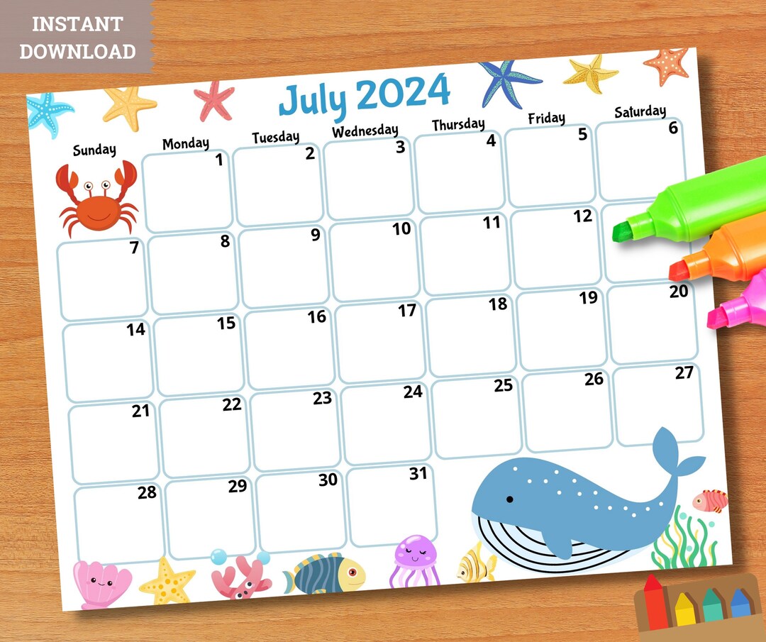EDITABLE July 2024 Calendar Printable Kids Calendar 2024 - Etsy Canada