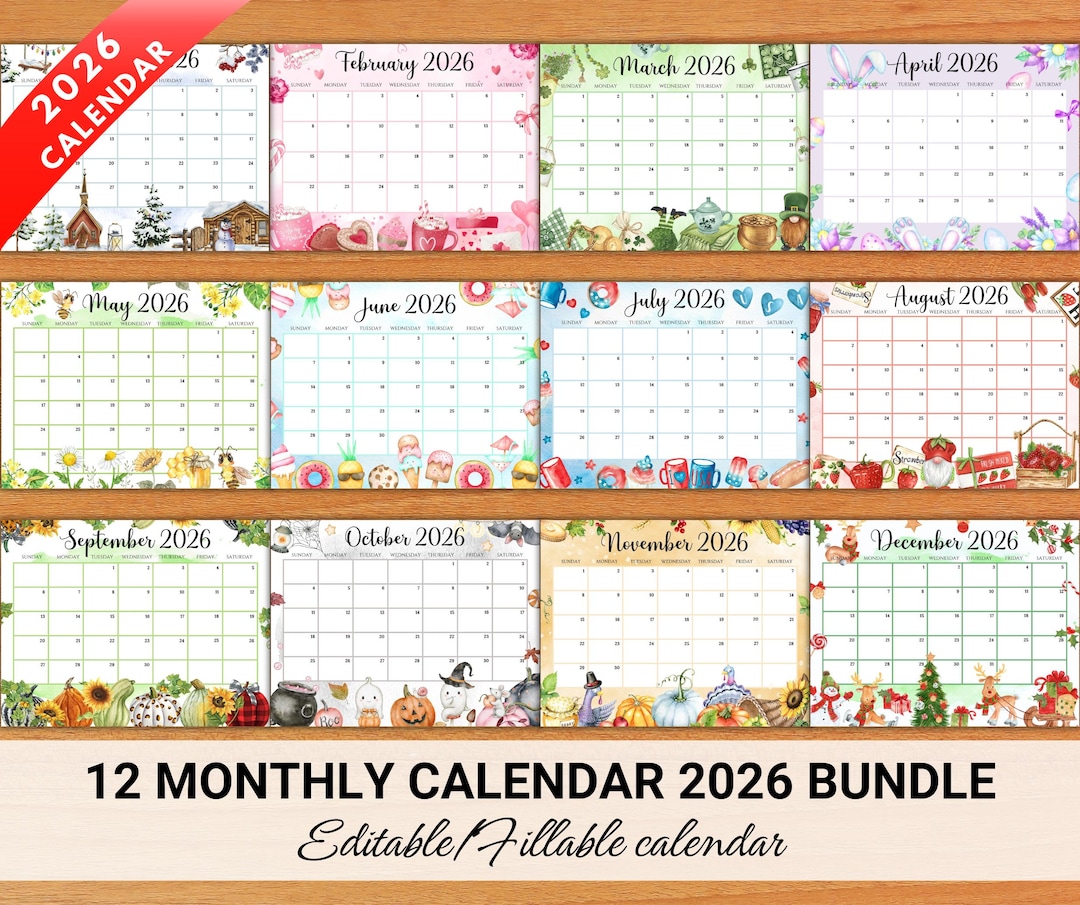 EDITABLE 2026 Monthly Calendar Bundle | Cute Printable Planner for Work ...