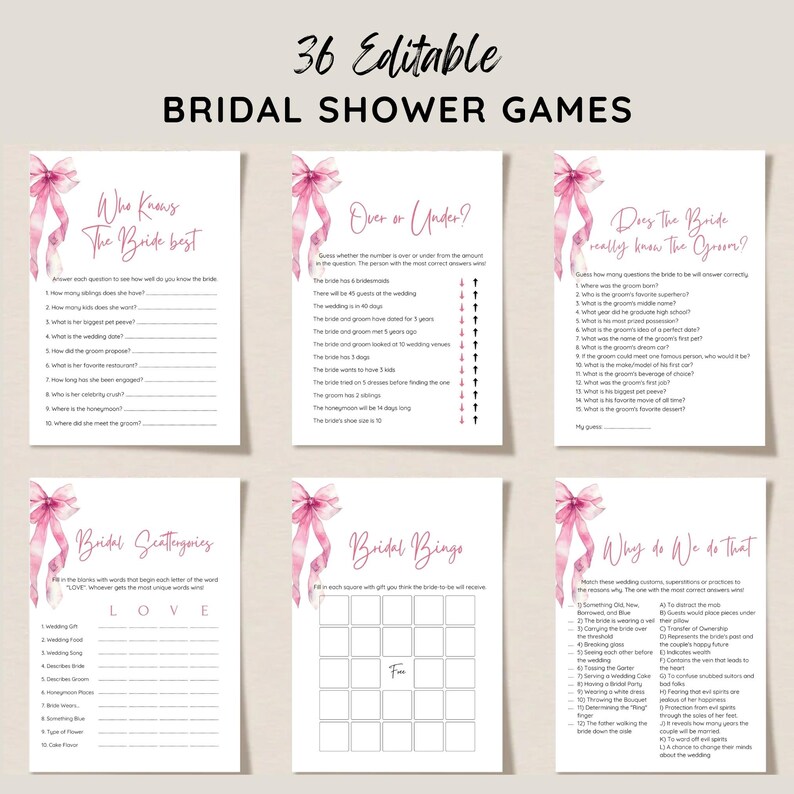 Pink Bow Bridal Shower Game Bundle, She's Tying the Knot, Game Package ...