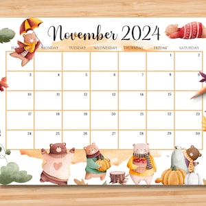 EDITABLE November 2024 Calendar, Beautiful Autumn Planner W/cute Bears ...