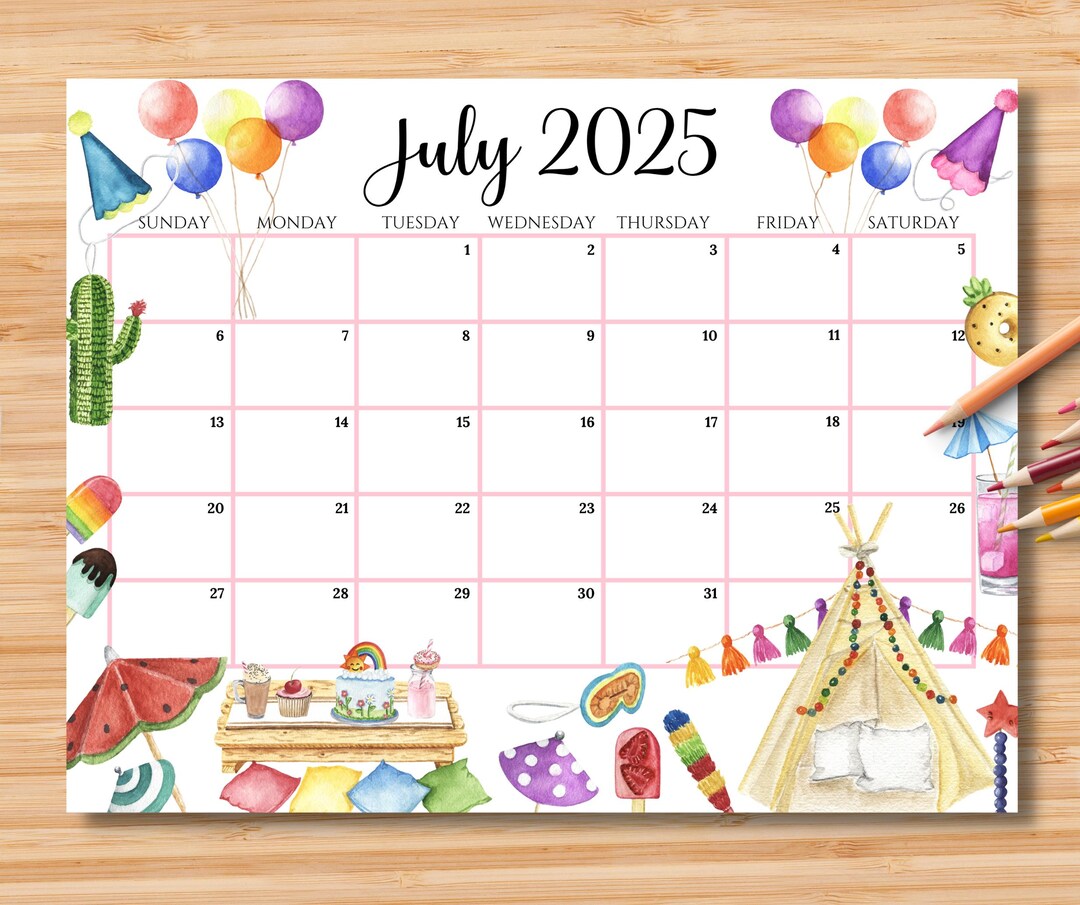 Editable July 2025 Calendar, Colorful Kids Picnic Party Planner ...