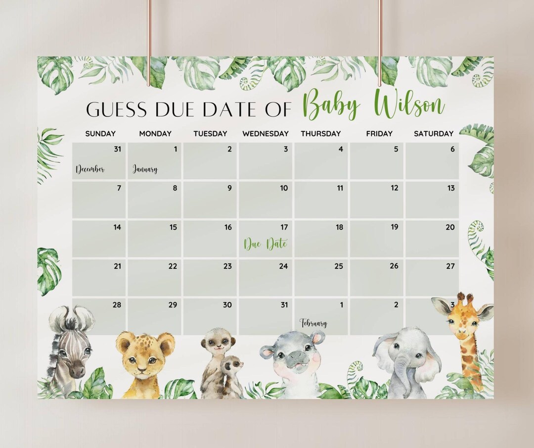 EDITABLE Safari Animal Baby Shower Due Date Calendar, Jungle Animal ...