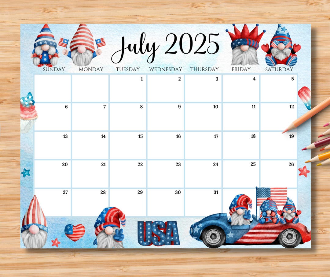 Editable July 2025 Calendar, Independence Day With Cute Gnomes ...
