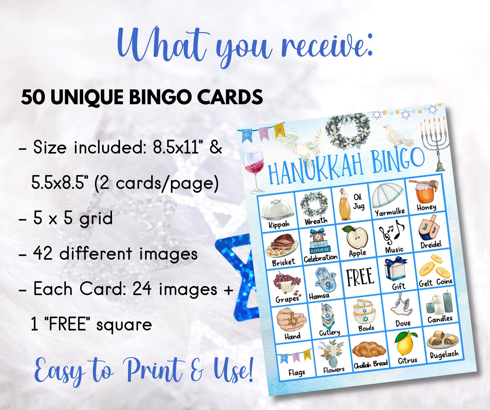 Printable Hanukkah Bingo Game 50 Unique Bingo Cards W/labels - Etsy