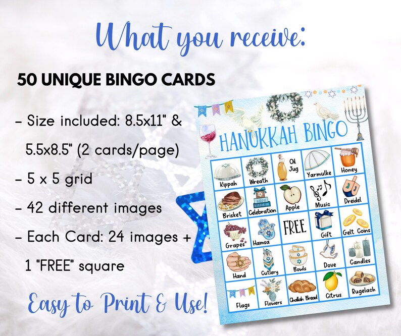 Printable Hanukkah Bingo Game 50 Unique Bingo Cards W/labels - Etsy