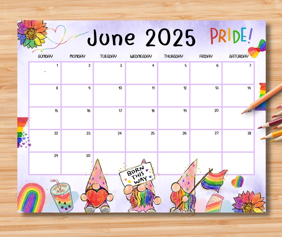 EDITABLE June 2025 Calendar, LGBT Pride Month Planner W/ Rainbow Gnomes ...
