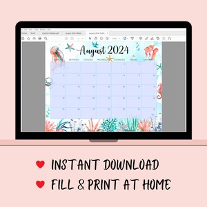 EDITABLE August 2024 Calendar, Beautiful Colorful Undersea With Sea ...