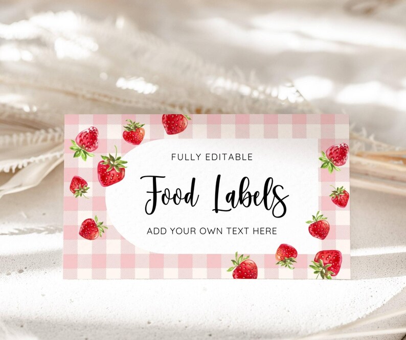Strawberry Baby Shower Place Card, Pink Gingham Baby Sprinkle Food Tag ...