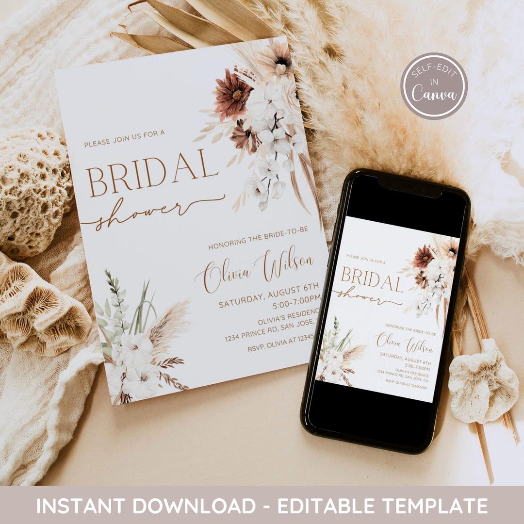 Editable Boho Bridal Shower Invitation, Boho Floral Bridal Shower ...