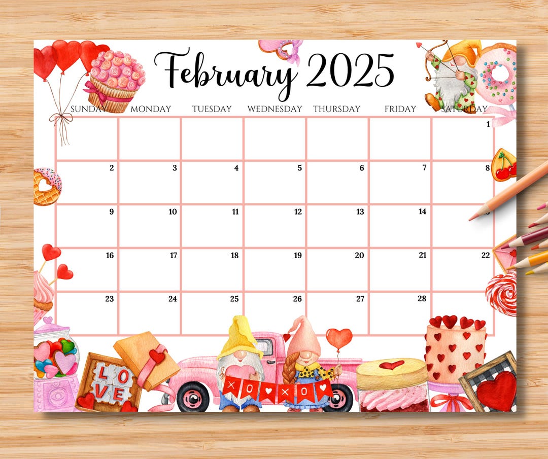 Calendario de febrero de 2025 EDITABLE, dulce planificador de San ...
