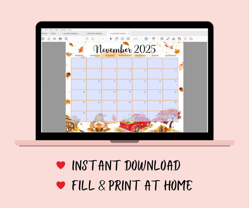 EDITABLE November 2025 Calendar, Beautiful Fall Autumn W/ Pumpkins and ...
