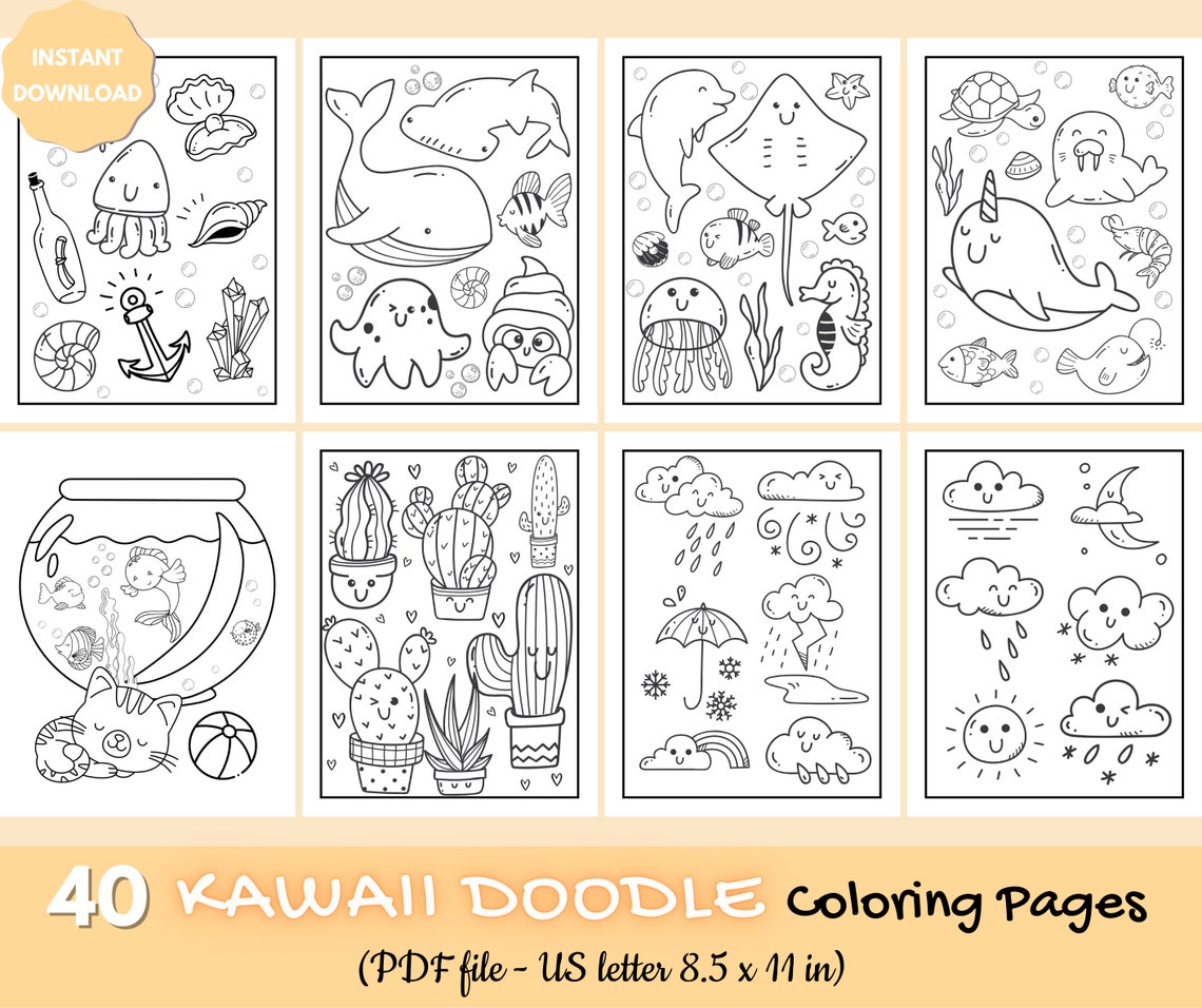 40 Printable Kawaii Doodle Coloring Pages for Kids Teens | Etsy India