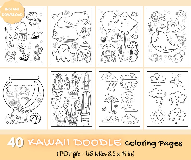 40 Printable Kawaii Doodle Coloring Pages for Kids Teens Adults, Cute ...