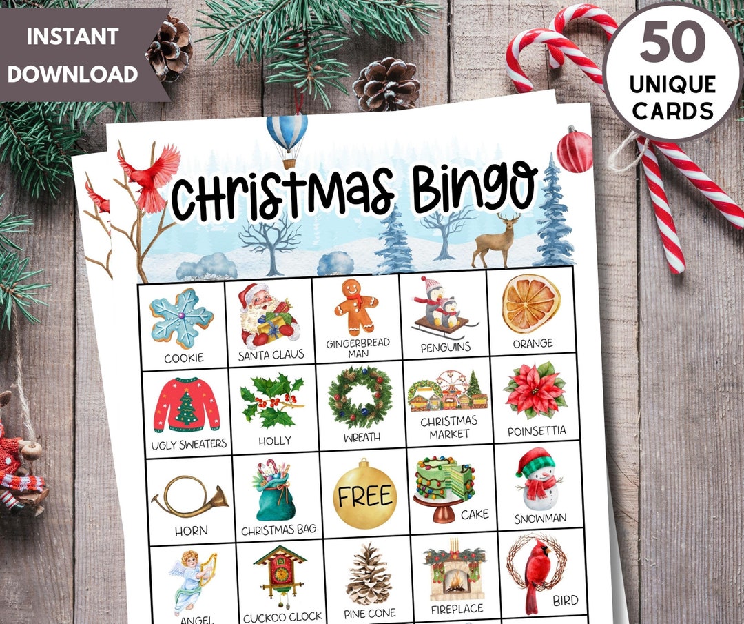 Christmas Bingo, 50 Unique Bingo Cards W/label, Christmas Bingo ...