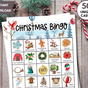 Christmas Bingo, 50 Unique Bingo Cards W/label, Christmas Bingo ...