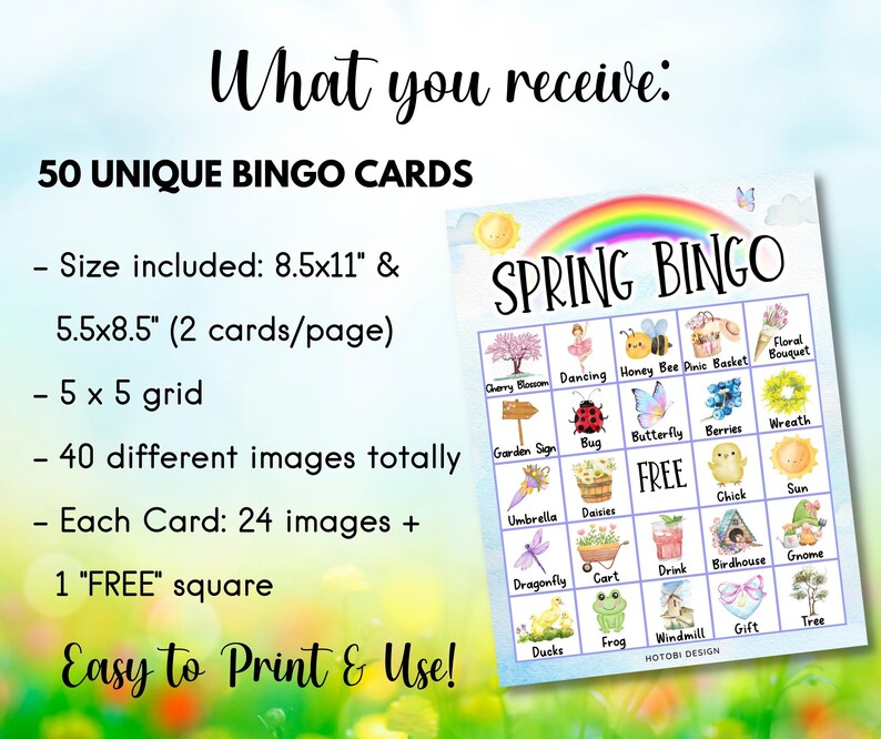 Printable Spring Bingo Game 50 Unique Bingo Cards W/labels - Etsy