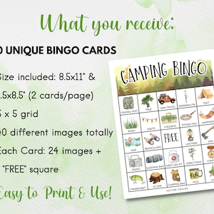 Printable Camping Bingo Game, 50 Unique Bingo Cards W/labels, Camping ...