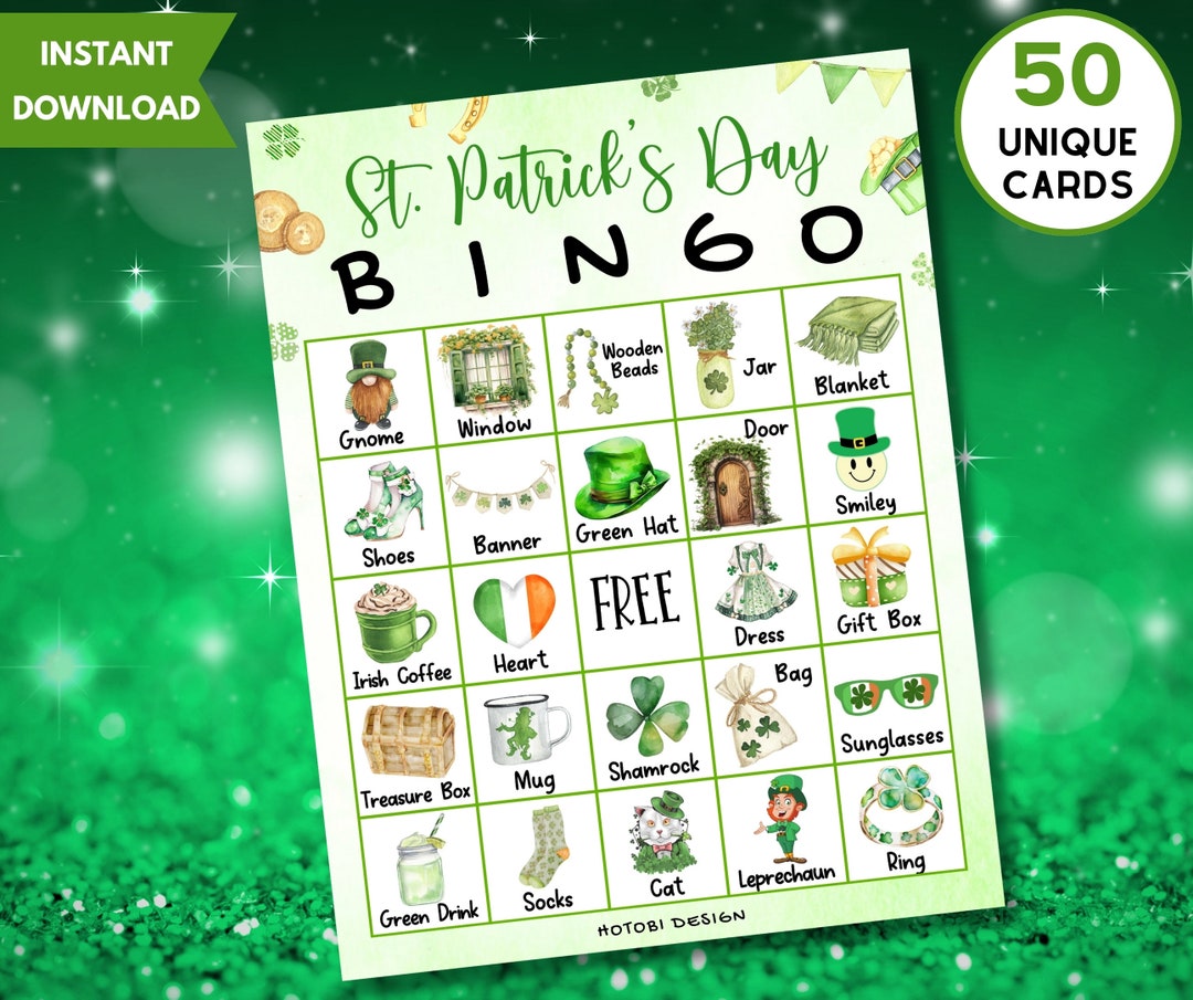 St Patrick's Day Bingo Game, 50 Unique Bingo Cards W/labels, St Patrick ...