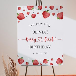 Berry First Birthday Welcome Sign, Modern Strawberry Birthday 1st ...