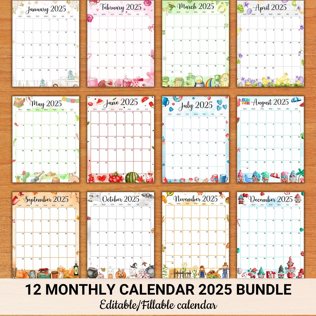 EDITABLE Vertical/portrait Monthly Calendar 2025 Bundle, Printable ...
