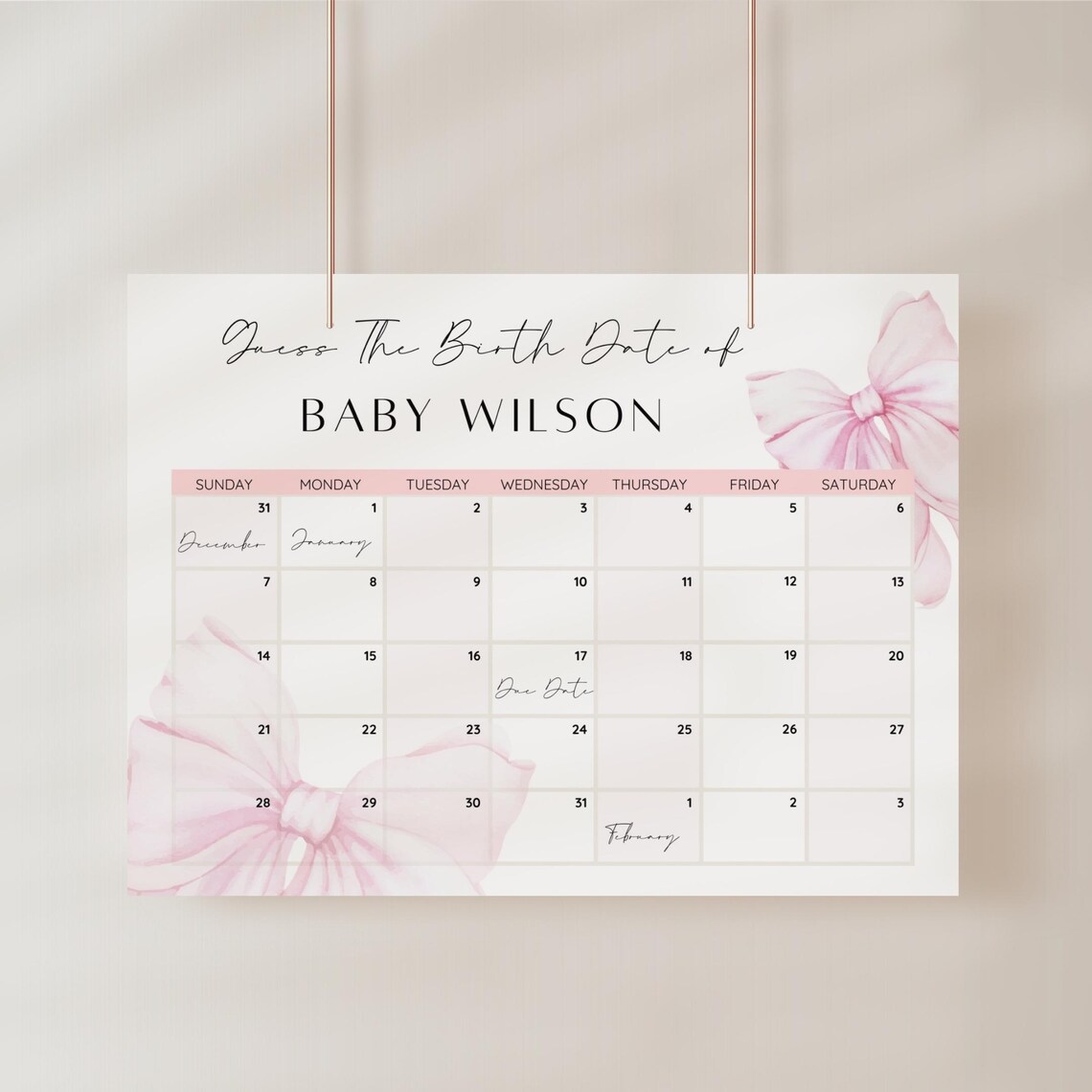 Pink Bow Baby Shower Due Date Calendar, Pink Coquette Bow Prediction ...