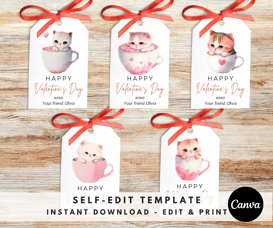 EDITABLE Valentine Gift Tag, School Gift Tag Template W/ Cute Cats ...