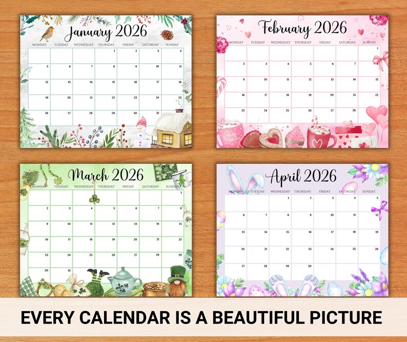 Editable 2026 Monthly Calendar (monday Starts), Cute Printable Planner ...
