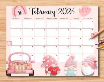 EDITABLE February 2024 Calendar, Sweet Valentine 2024 With Cute Gnomes ...