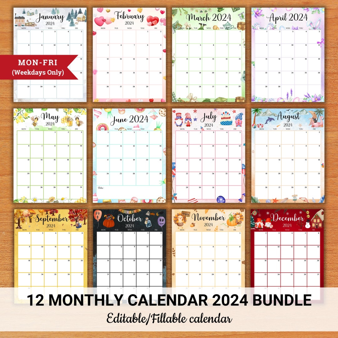 EDITABLE Vertical/portrait Monthly Calendars 2024 mon-fri, Weekdays ...