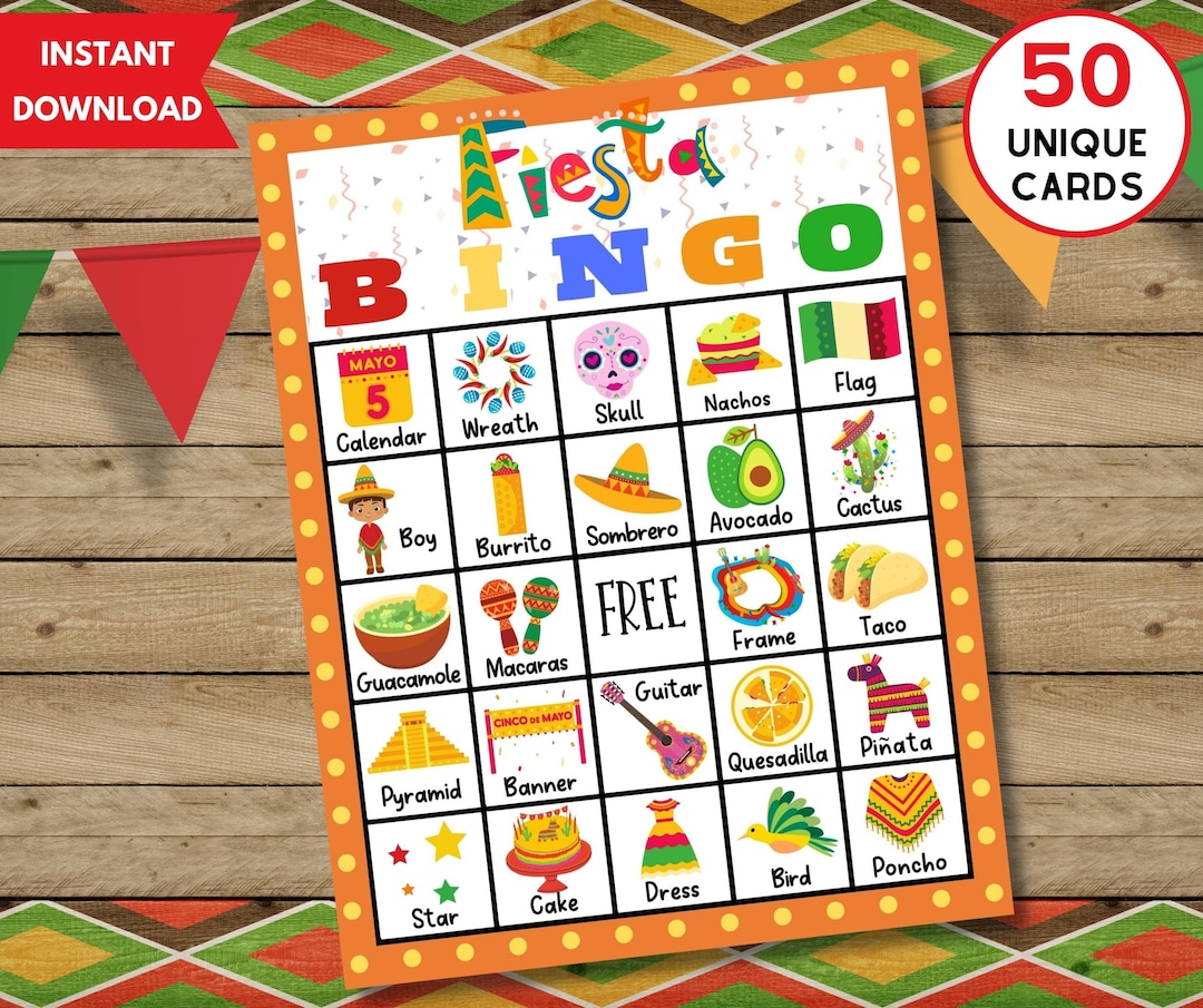 Printable Fiesta Bingo Game, 50 Unique Bingo Cards W/labels, Cinco De ...