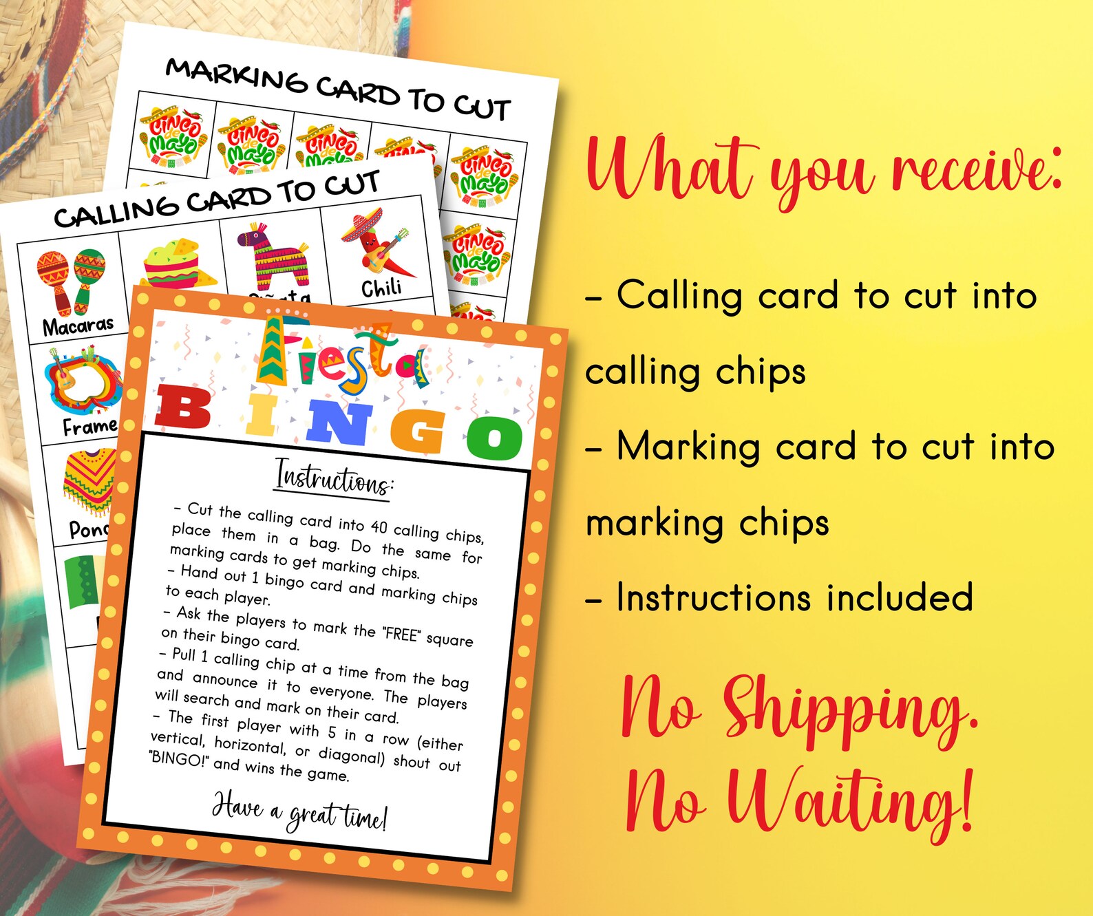 Printable Fiesta Bingo Game, 50 Unique Bingo Cards W/labels, Cinco De ...