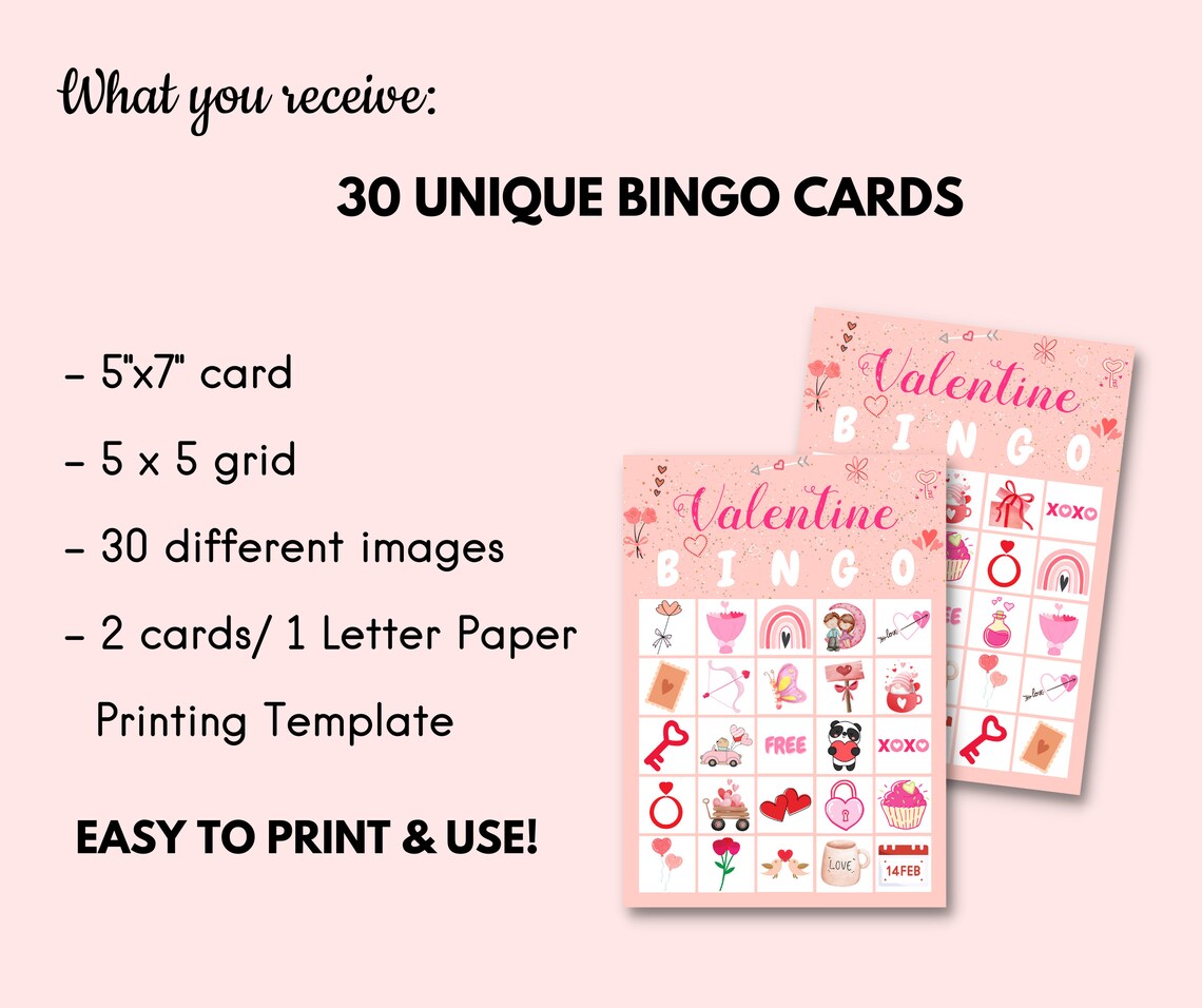 Printable Valentine Bingo 30 Unique Bingo Cards Valentine - Etsy