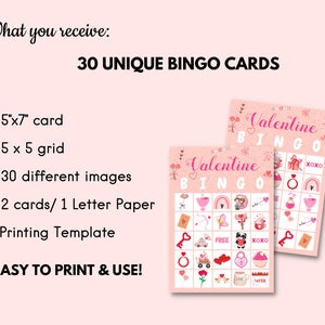 Printable Valentine Bingo, 30 Unique Bingo Cards, Valentine Activity ...