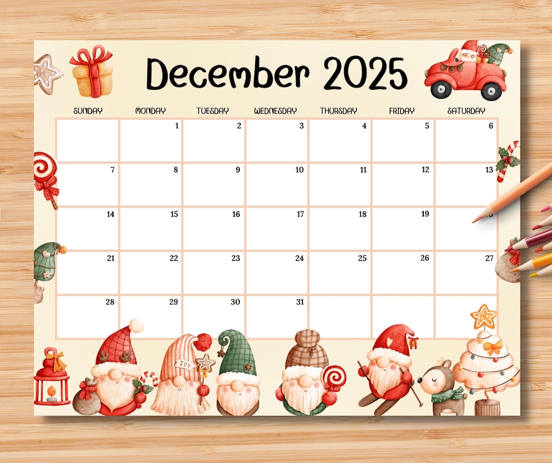 EDITABLE December 2025 Calendar, Joyful Christmas W/ Cute Gnome ...
