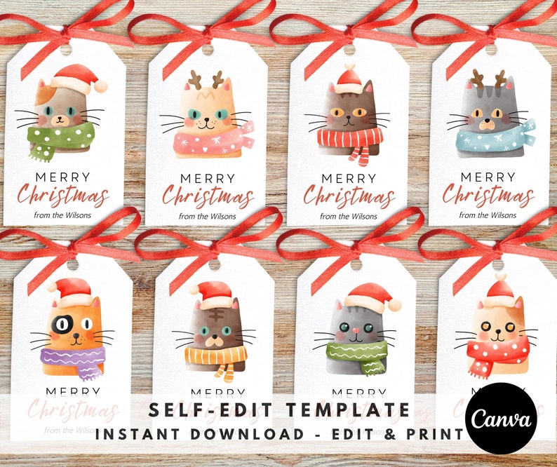EDITABLE Cat Christmas Gift Tag, Holiday Gift Tag Template W/ Kittens ...