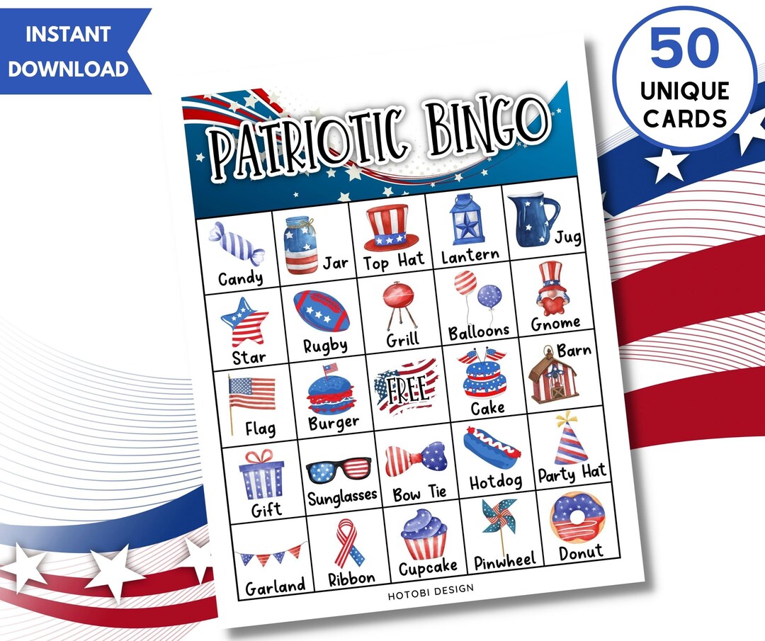 50 Patriotic Bingo Game Cards, 4th of July Bingo, Independence Day ...