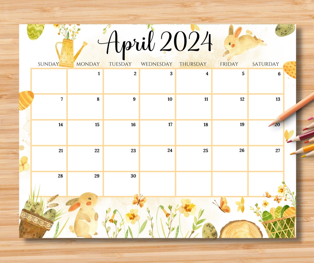 EDITABLE April 2024 Calendar Happy Easter Day 2024 With Cute - Etsy UK