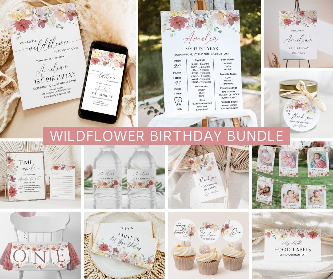 Wildflower Birthday Invitation Bundle, Little Wildflower First Birthday ...