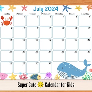 EDITABLE July 2024 Calendar Printable Kids Calendar 2024 - Etsy Canada