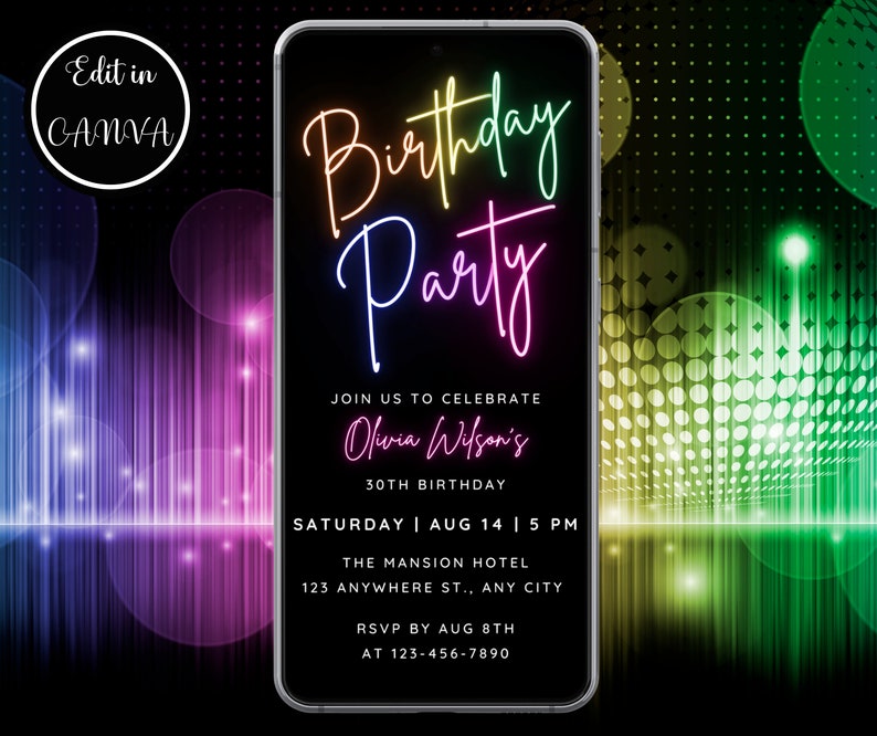 Neon Light Birthday Any Event Invitation Glow Party Rainbow - Etsy