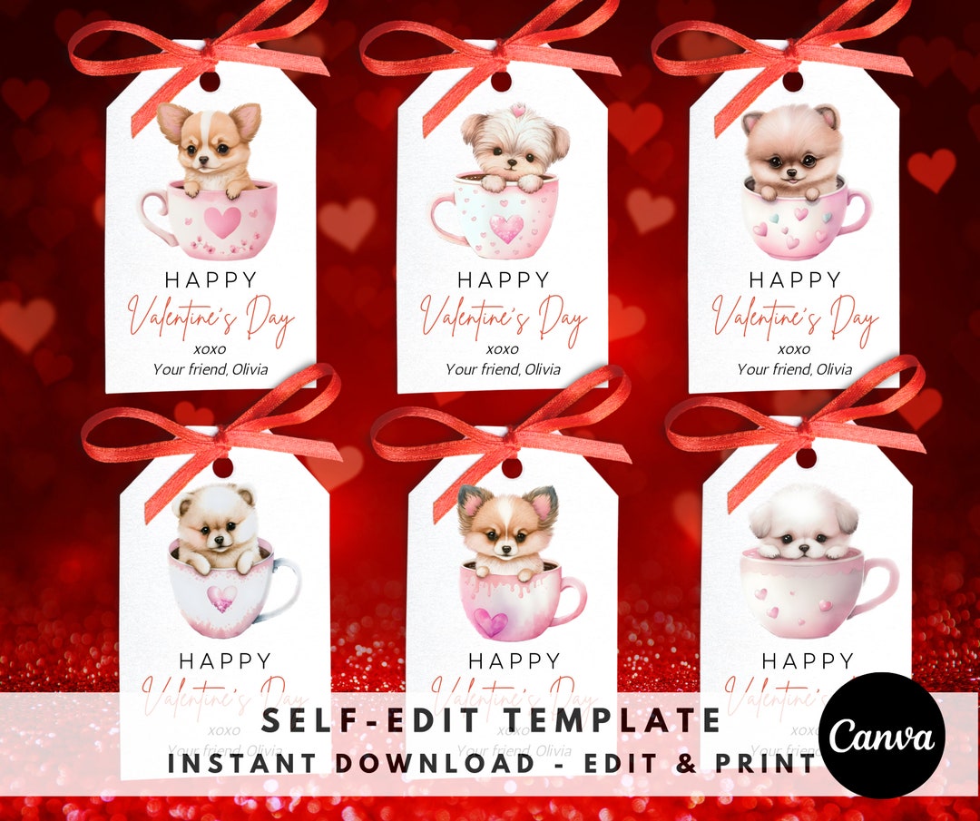 EDITABLE Valentine Gift Tag, School Gift Tag Template W/ Cute Puppies ...